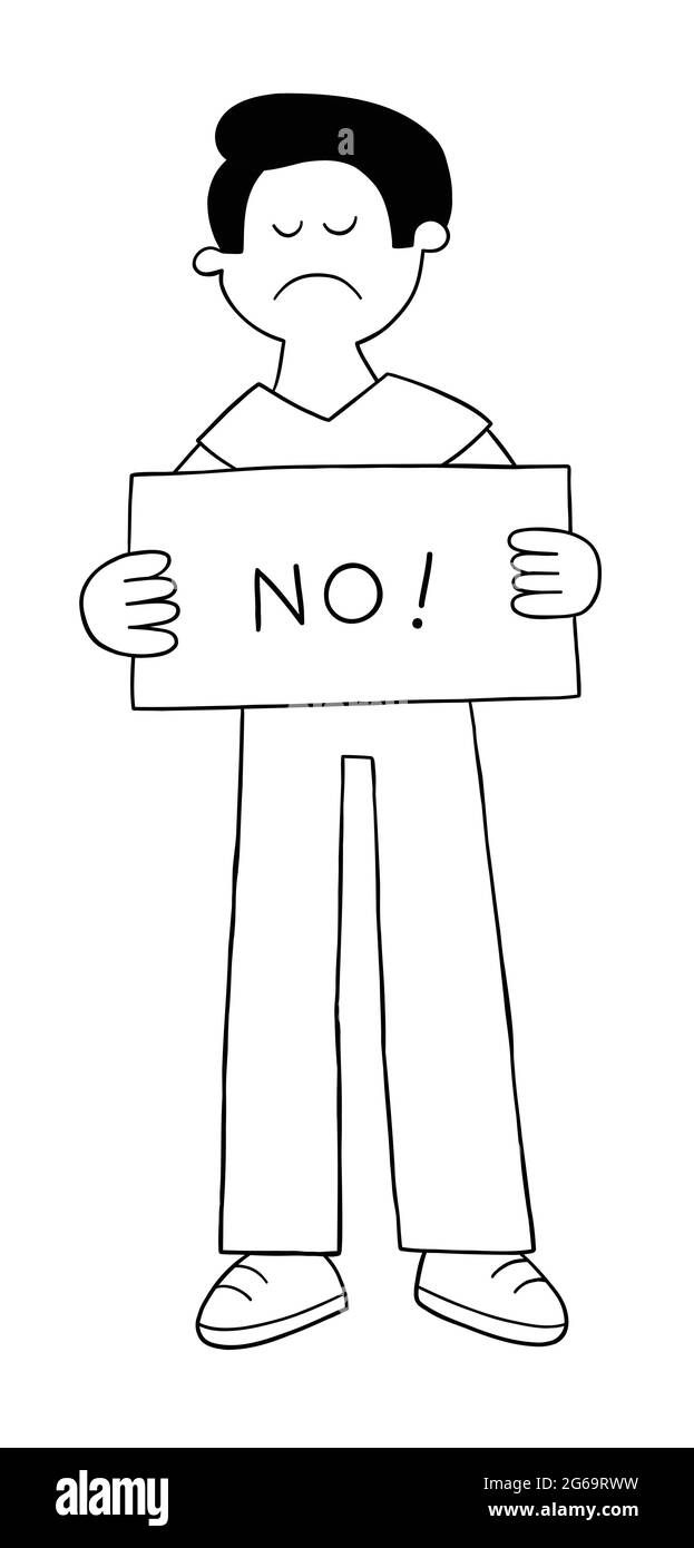 Cartoon man holding NO sign, svector illustration. Black outlined and ...