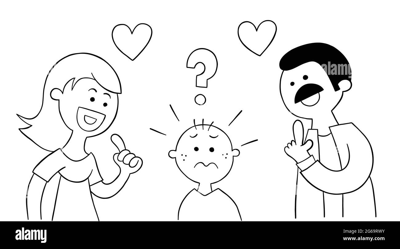 Cartoon mom and dad ask their kid which he likes more and kid is very ...
