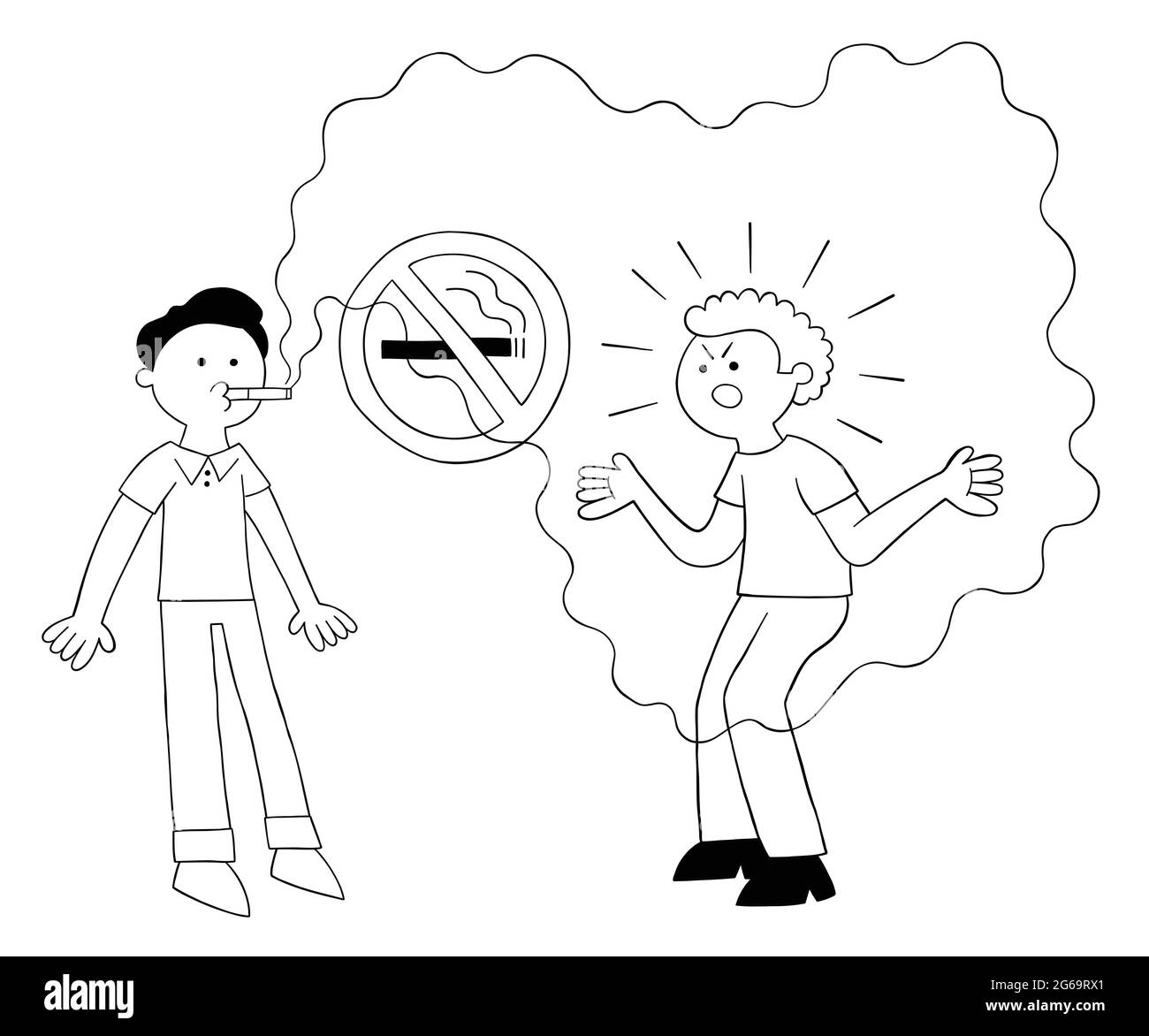 Cartoon man smoking in a place where smoking is prohibited and the ...