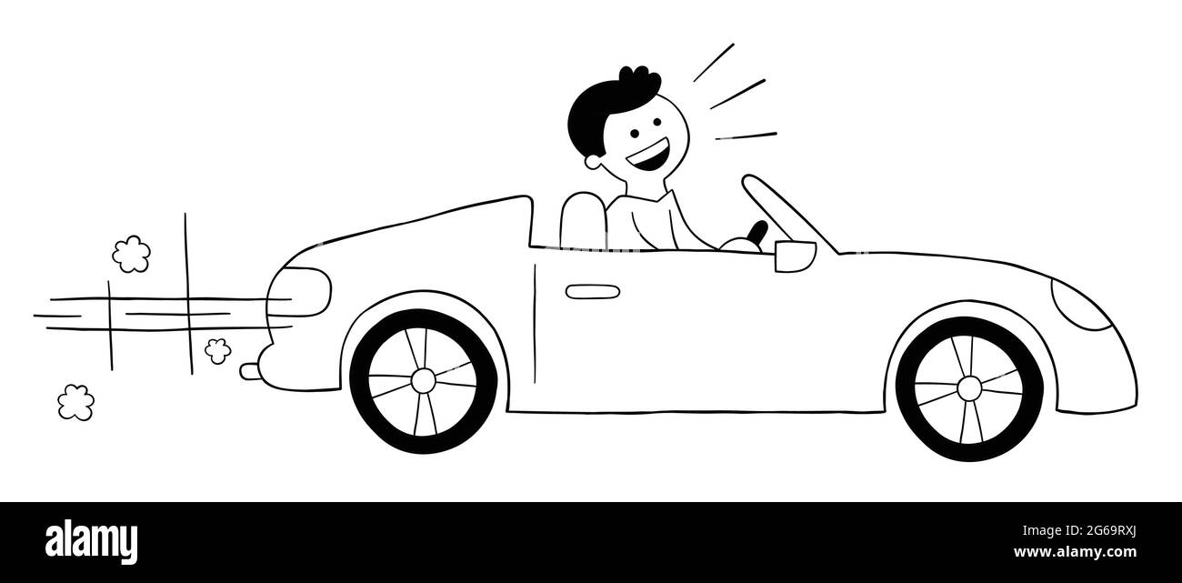 Cartoon man driving luxury convertible car, vector illustration. Black ...