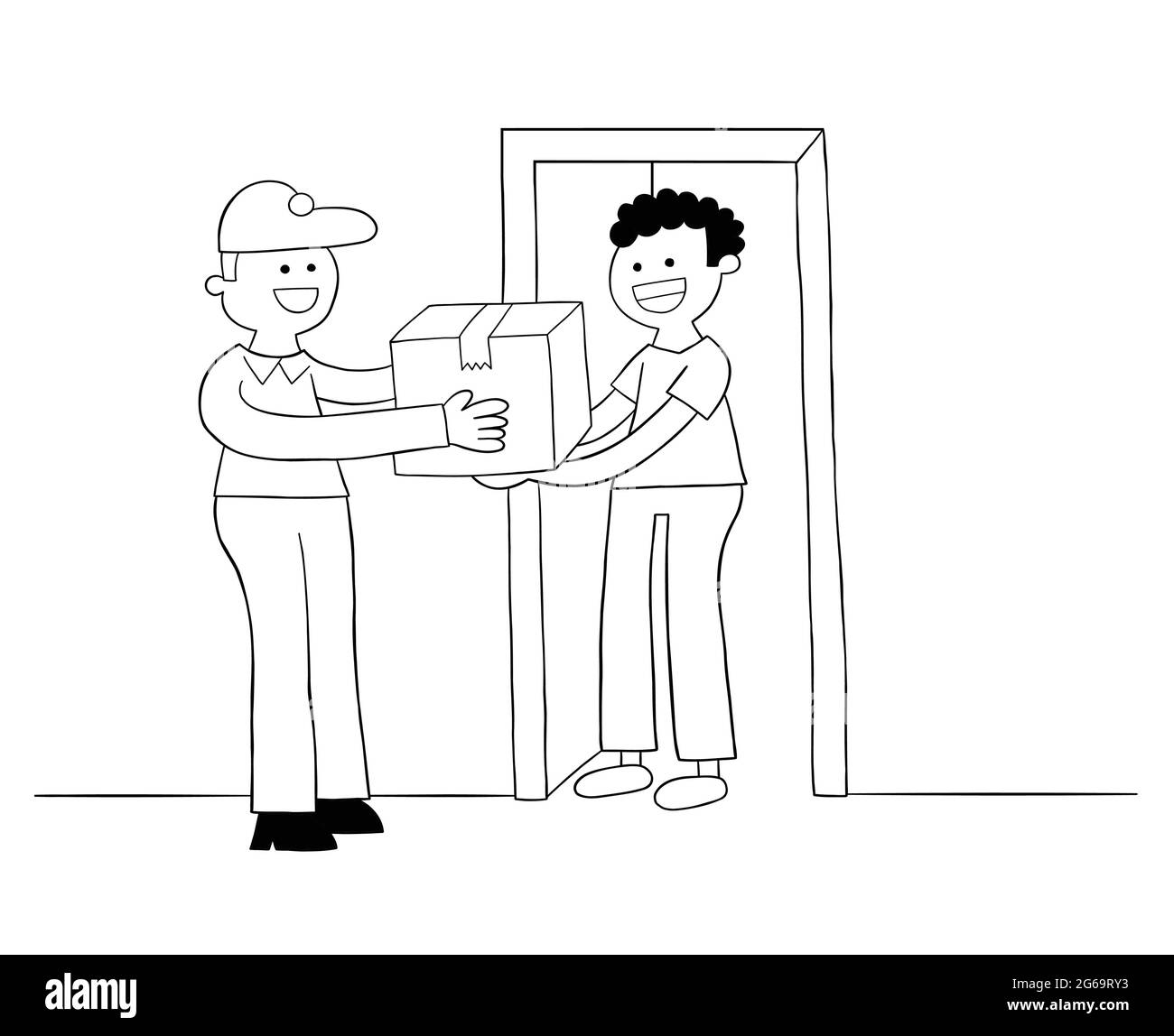 Cartoon courier brings the parcel, the customer receives the parcel ...