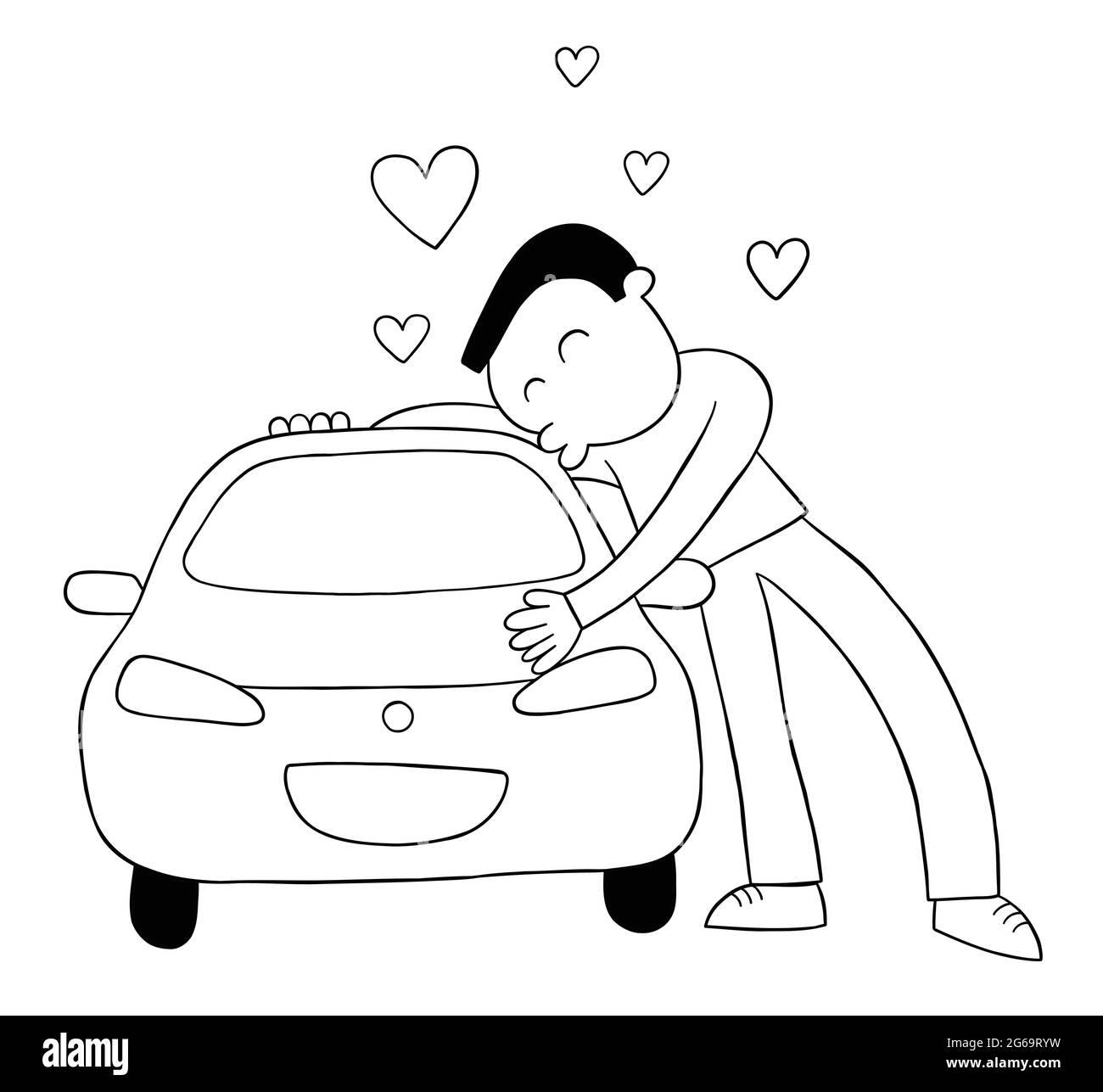 Cartoon Man Loves His Car And Hugs And Kisses Vector Illustration Black Outlined And White