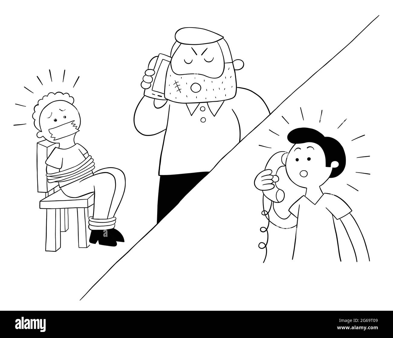 Cartoon man held hostage and ransom demanded by phone, vector ...