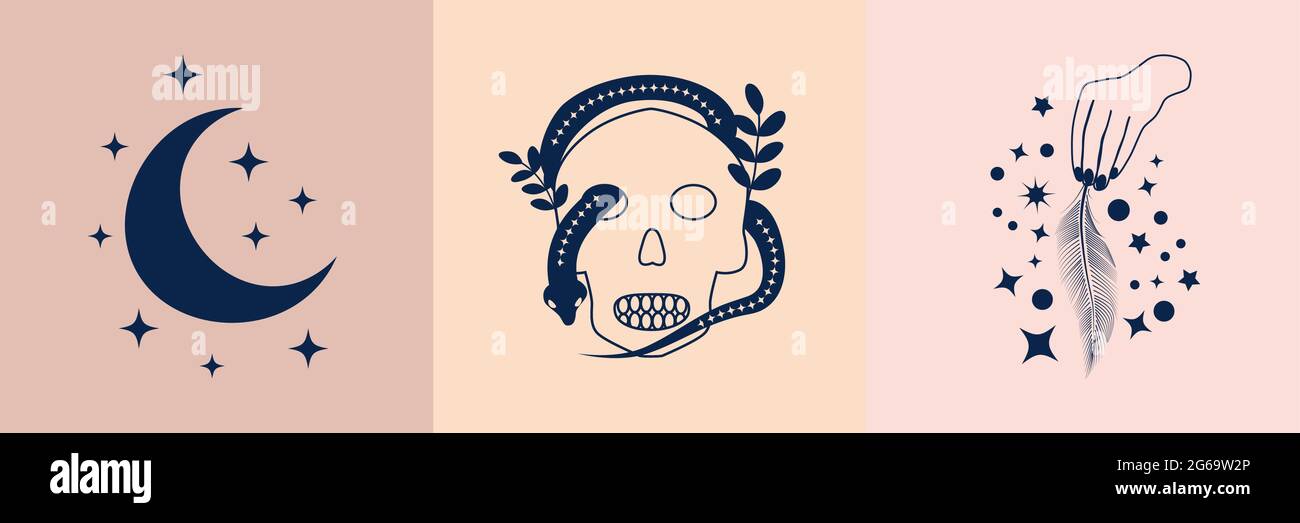 Witch and magic collection with moon, runes, skull, crystal, snake and ...