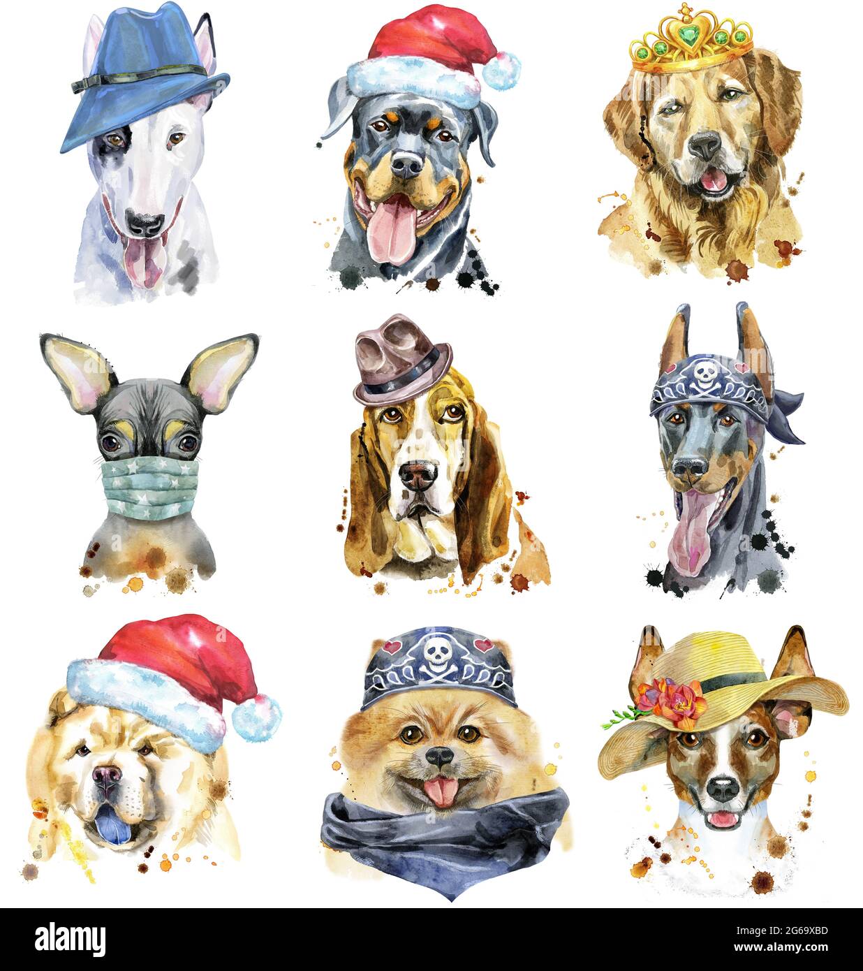 Cute set of watercolor portraits of dogs. For t-shirt graphics ...