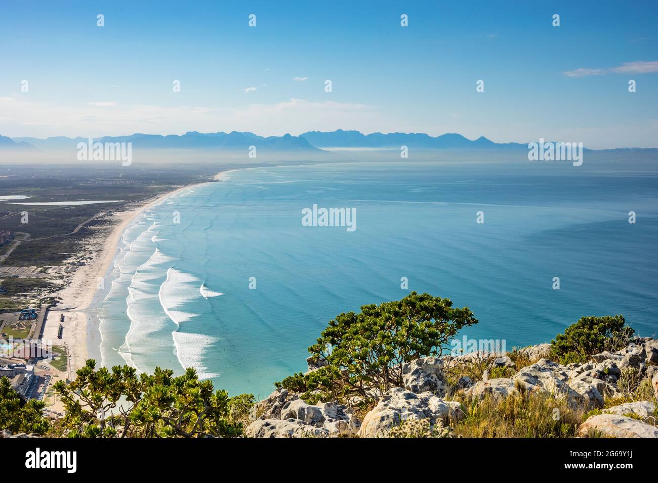 Elevated view of Muizenberg beach Cape Town, a coastal holiday town ...