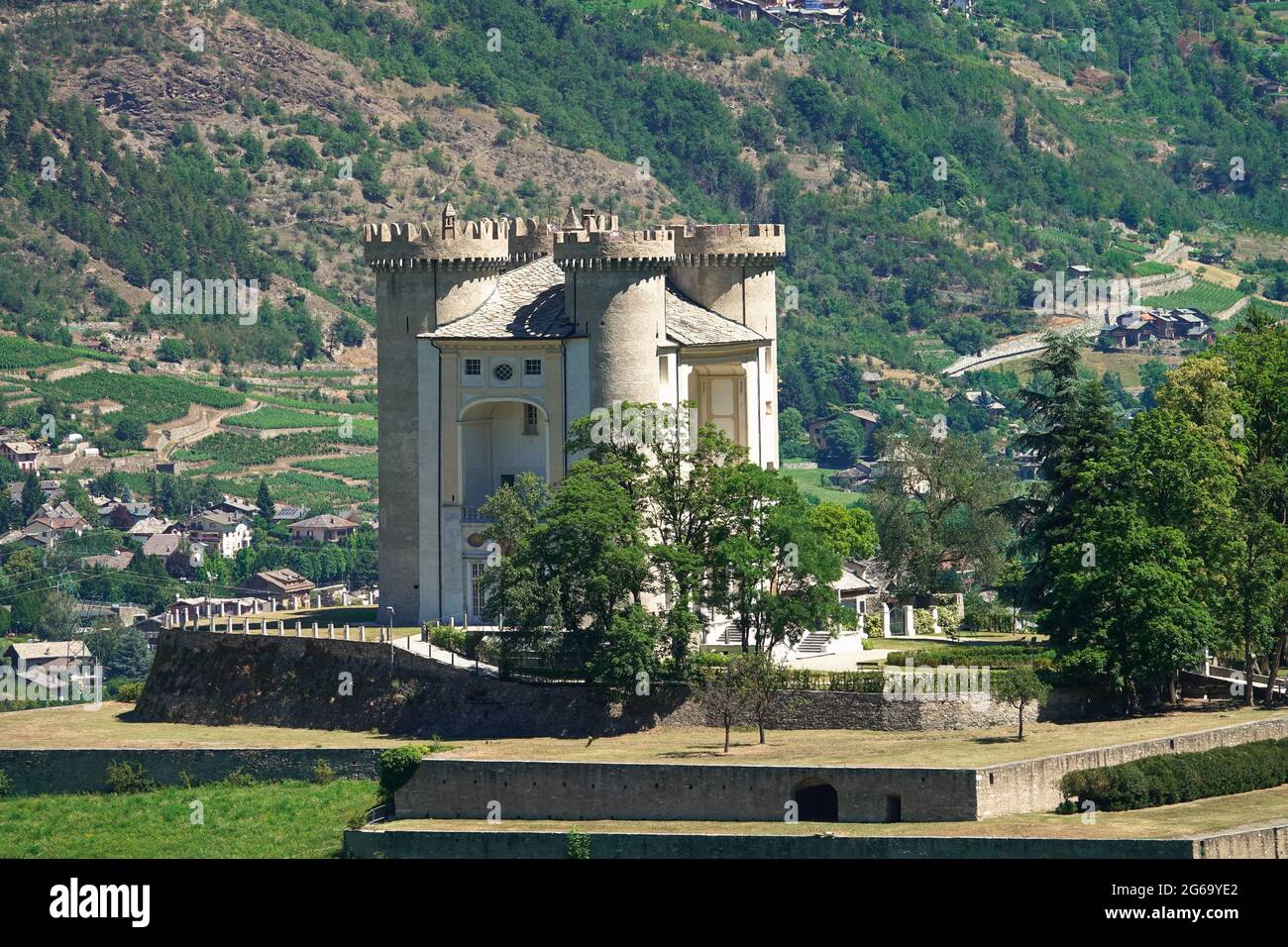 Summer view of the medioeval castle, Aymavilles Aosta Valley Italy ...