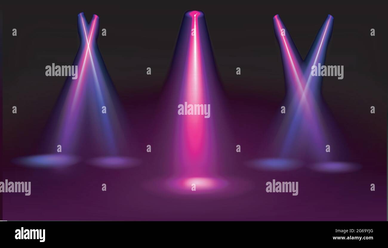 Stage illuminated by blue and pink spotlights. Empty scene with spots ...