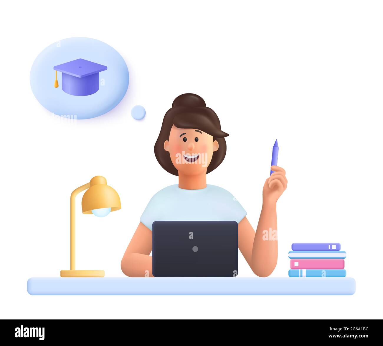 Young woman Jane sitting at desk in front laptop, holding pencil, doing ...