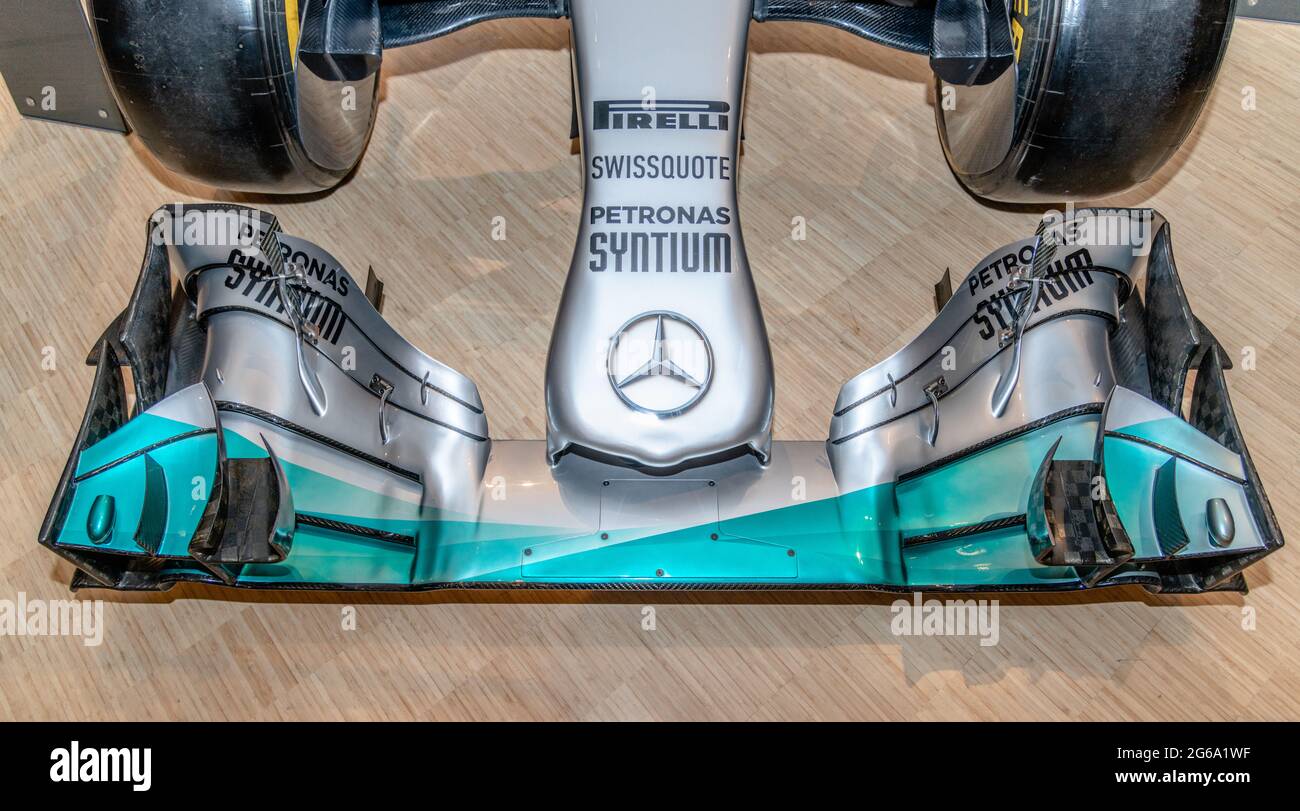 Front spoiler from a Mercedes Formula 1 Hybrid open wheeler Stock Photo ...