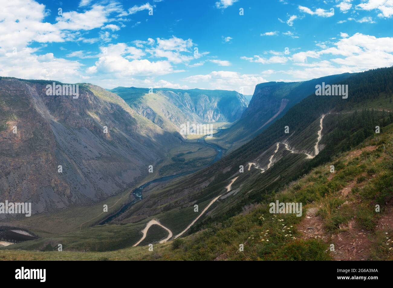 Panorama of the Katu Yaryk mountain pass and the valley of the river of ...