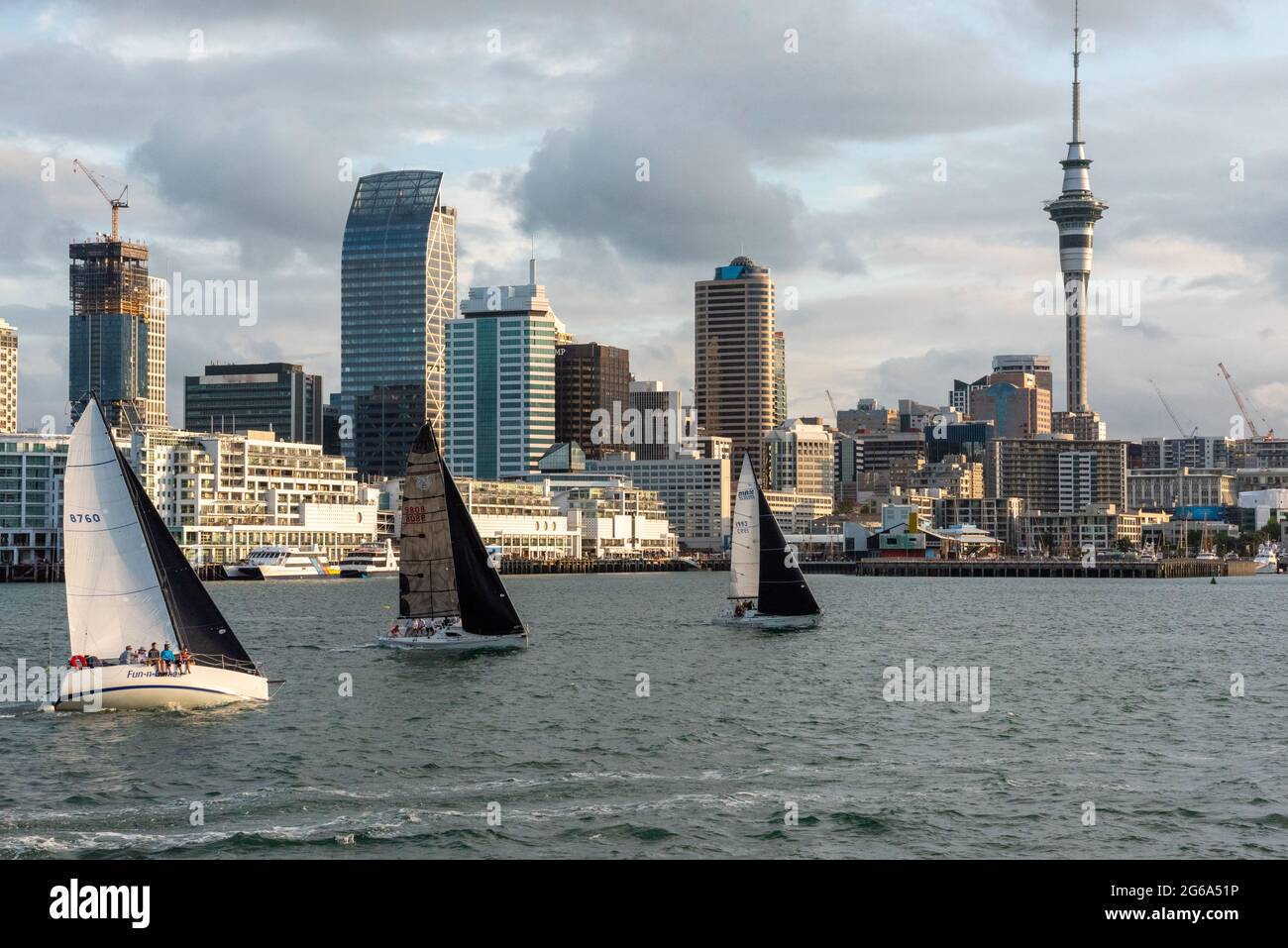 Famous skyline of Auckland Central Business District during sunset ...