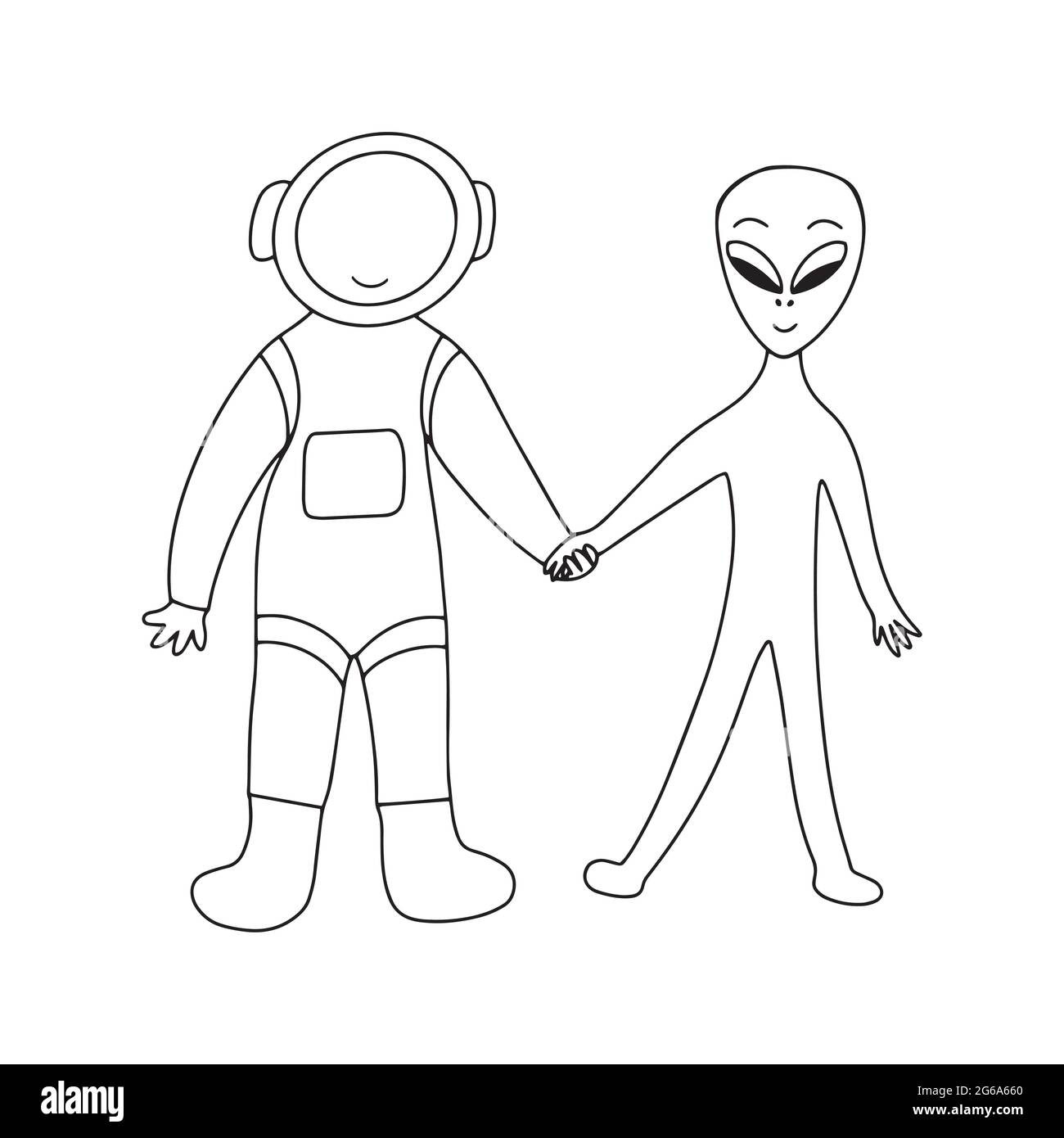 Astronaut and alien are holding hands and smiling. Friendship of ...