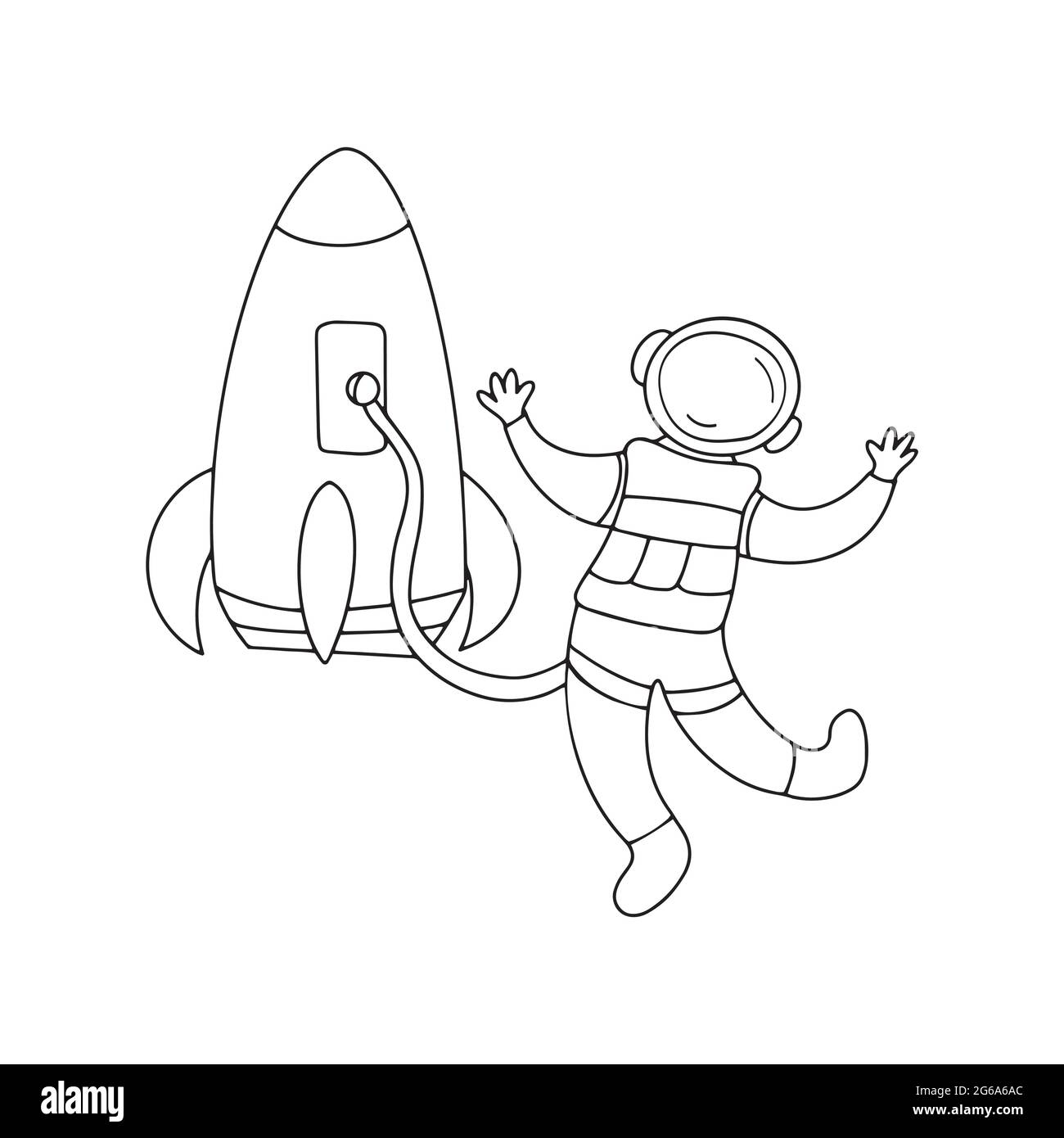 Astronaut in space next to a rocket. Travel in a spaceship to the universe. Black and white ...