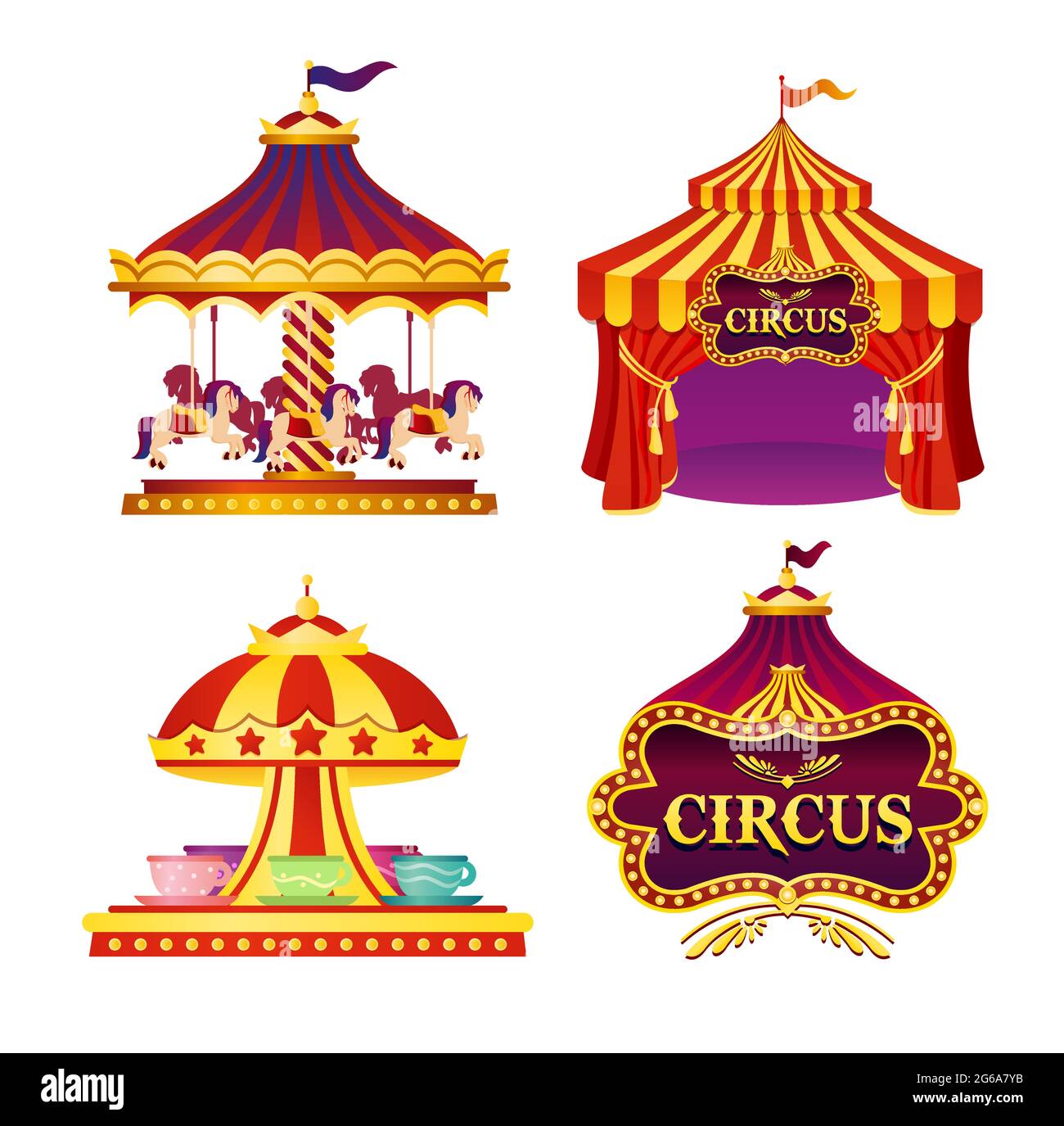 Vector illustration set of carnival circus emblems, icons with tent ...