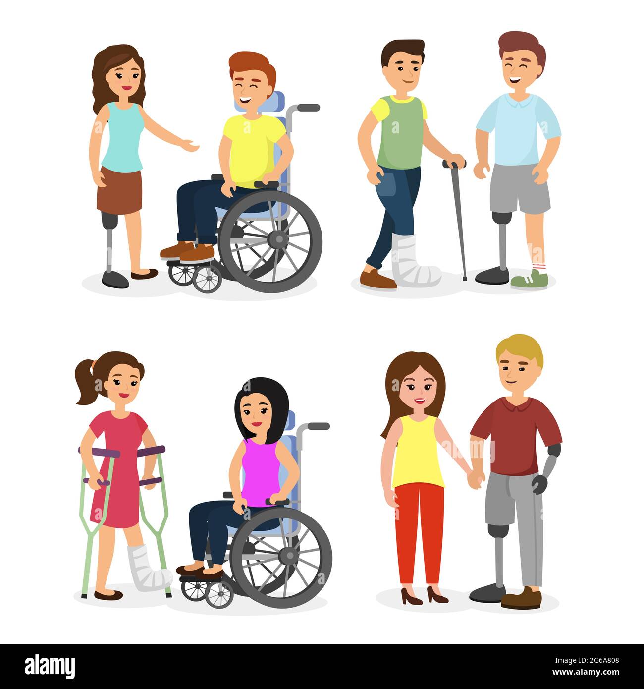 Vector illustration set of disabled people and handicapped with friends ...