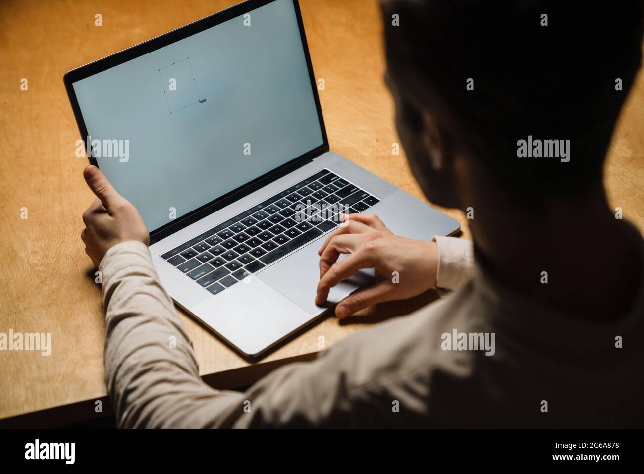 Back view of a mid aged brunette man looking at laptop blank screen ...