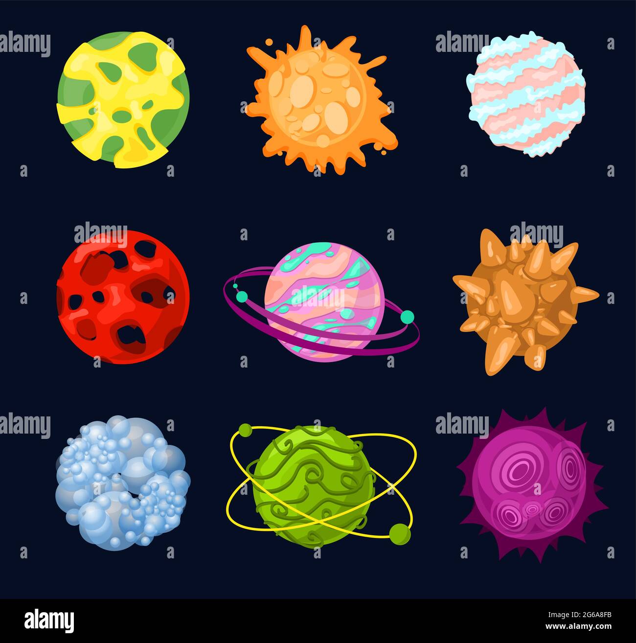 Vector illustration set of bright color cartoon fantastic planets and ...