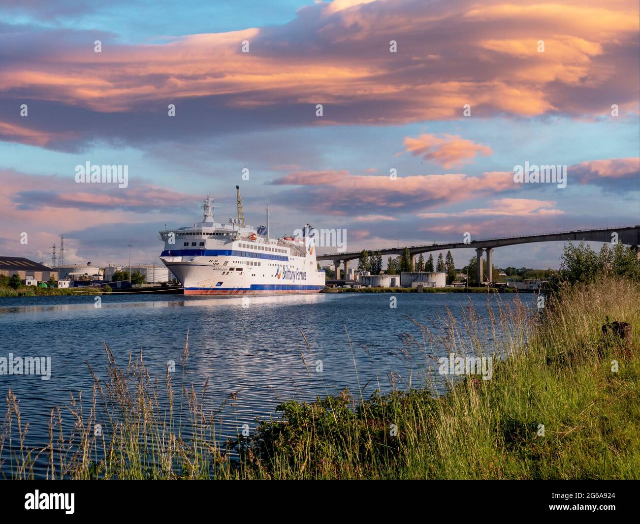 CAEN, FRANCE, JUNE 2021: Ferry Barfleur standing in Canal de Caen Mer ...