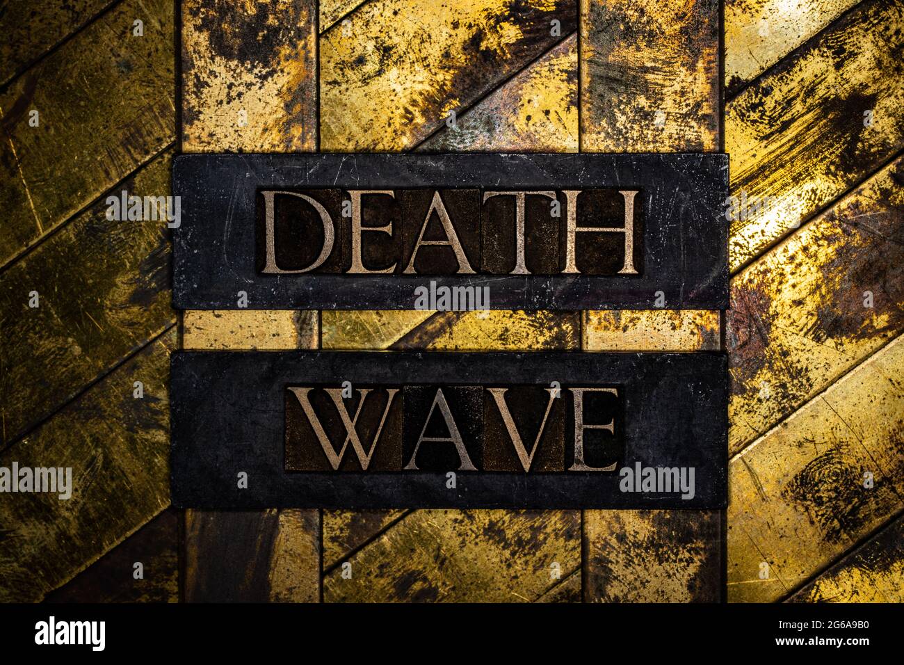 Death Wave text on vintage textured grunge copper and gold background ...