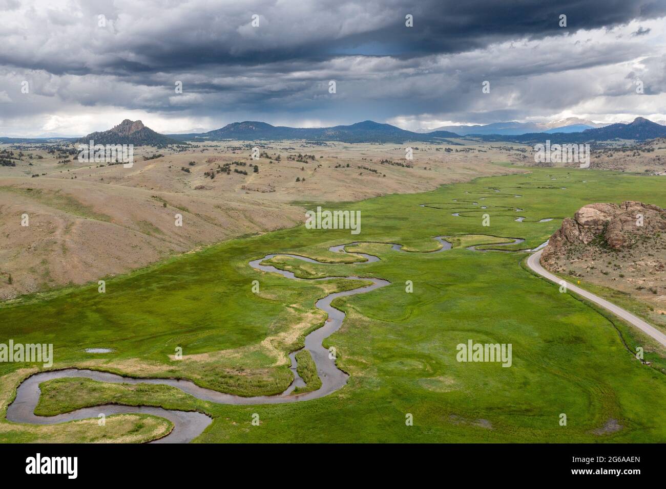 Aerial view of Tarryall Creek in Pike National Forest, Colorado, USA ...