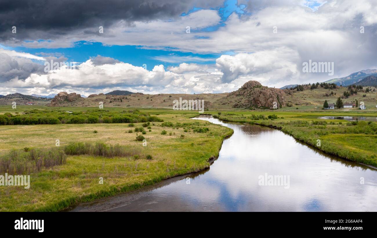 Aerial view of Tarryall Creek in Pike National Forest, Colorado, USA ...