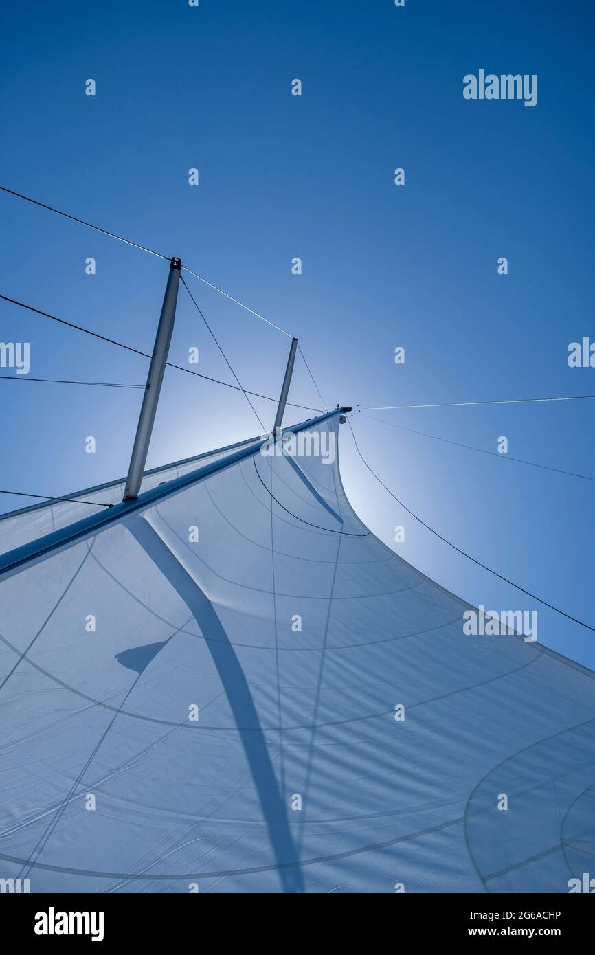 Yacht wind filled sails on clear blue sky background. Sailing with the ...