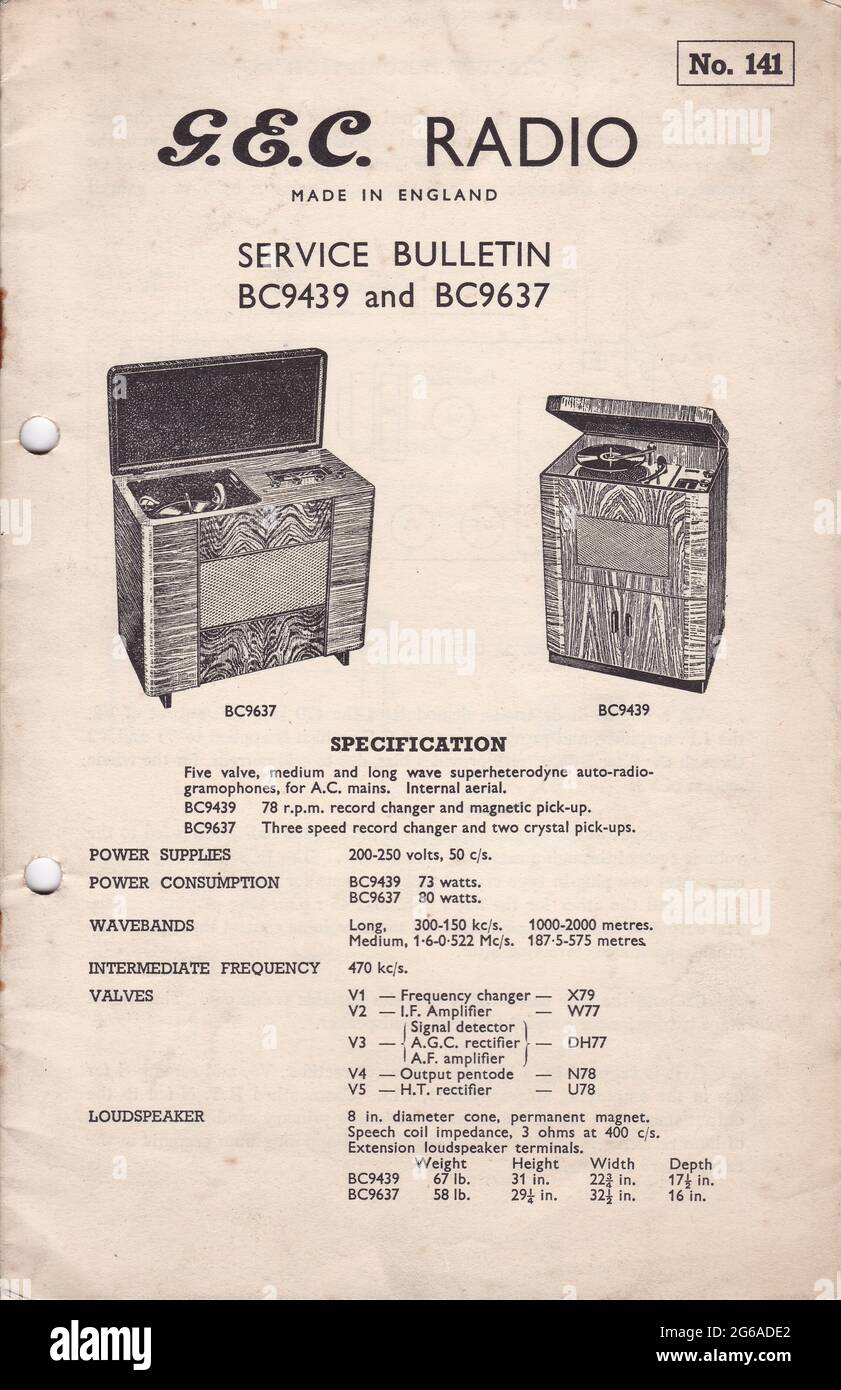 G.E.C Service Bulletin BC9439 and BC9637 Radio Specifications Stock ...