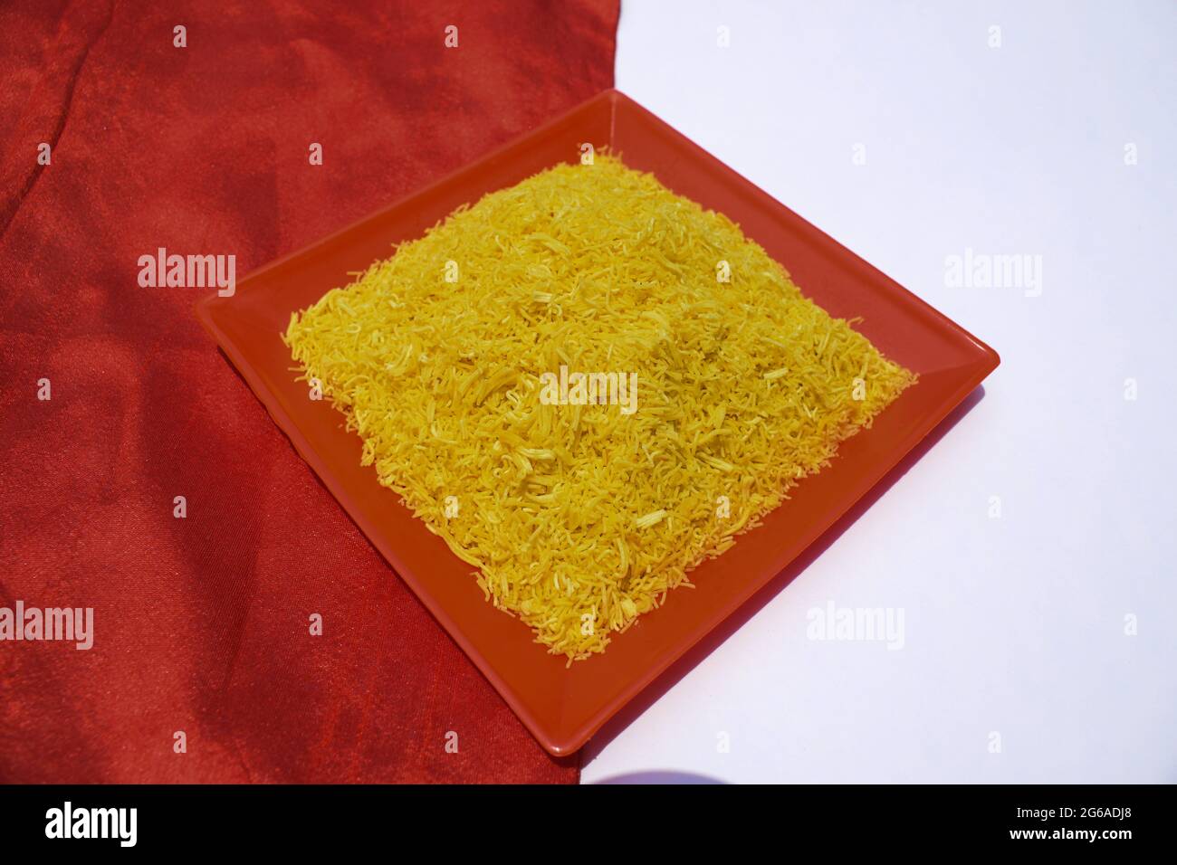 Side view of Nylon sev namkeen also known as Jheeni sev or Barik sev ...