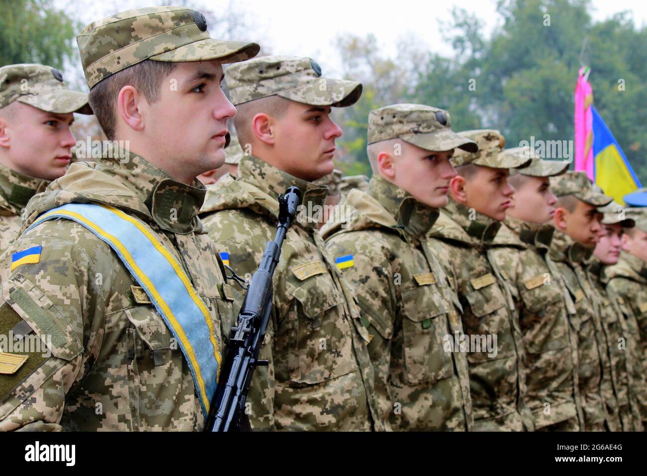 Military parade in Ukraine. A line of soldiers of Ukrainian army with ...
