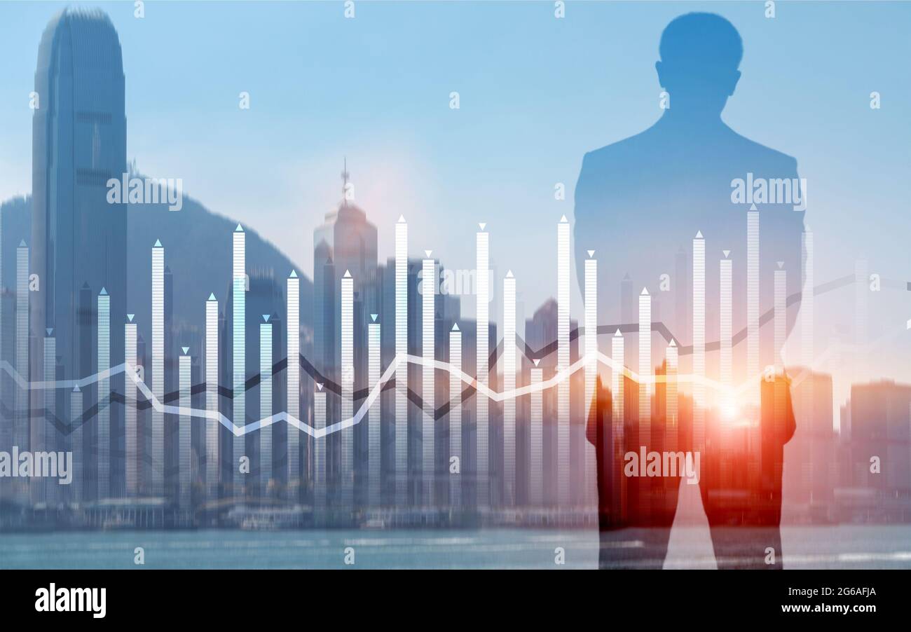 Histogram and lines economic chart instrument on modern metropolis ...