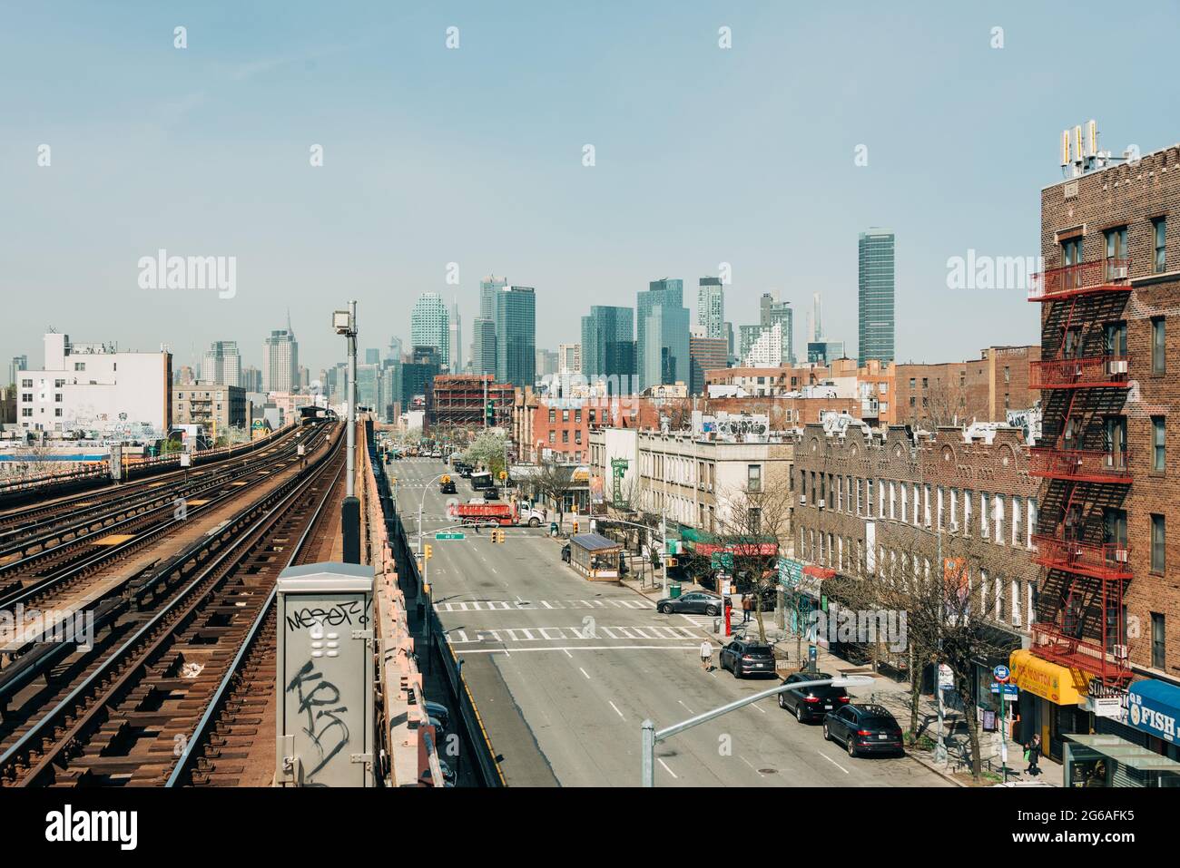 View of Queens Boulevard from elevated subway tracks in Sunnyside ...