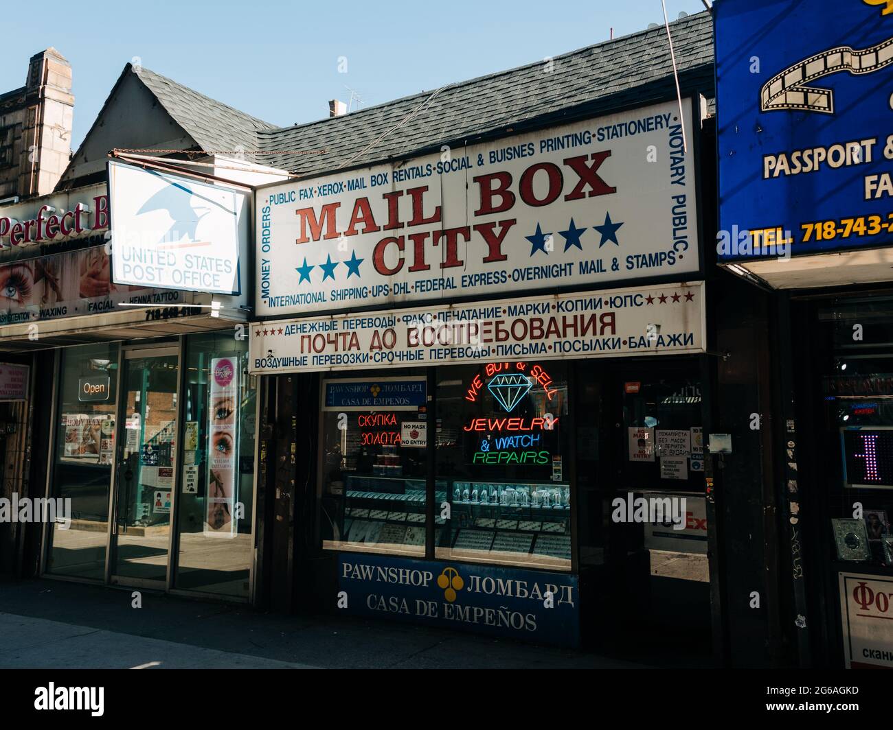 Mail Box City signs, in Brighton Beach, Brooklyn, New York City Stock ...