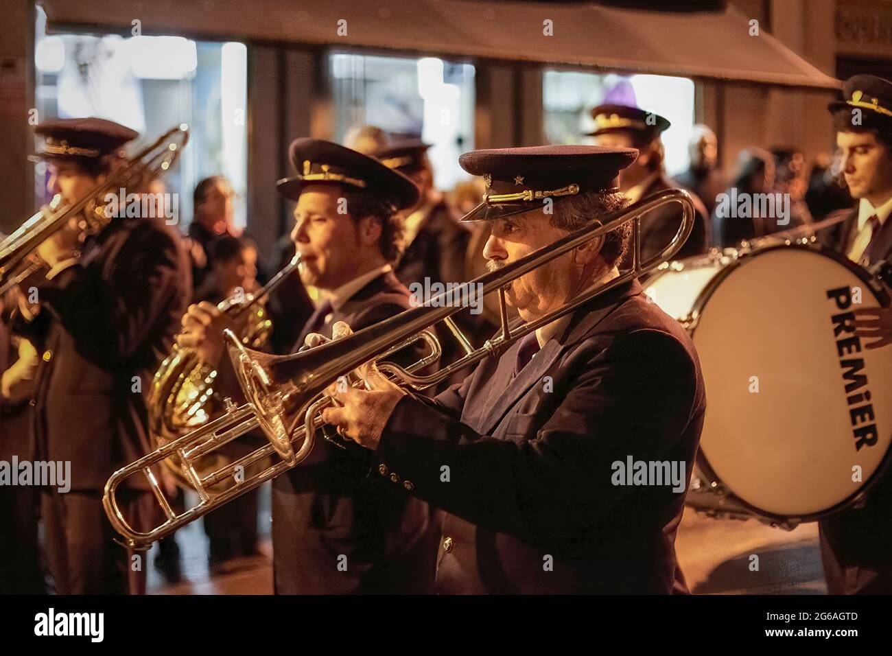 Braga, Portugal - April 1, 2010: Brass band playing during the religious procession of the Ecce ...