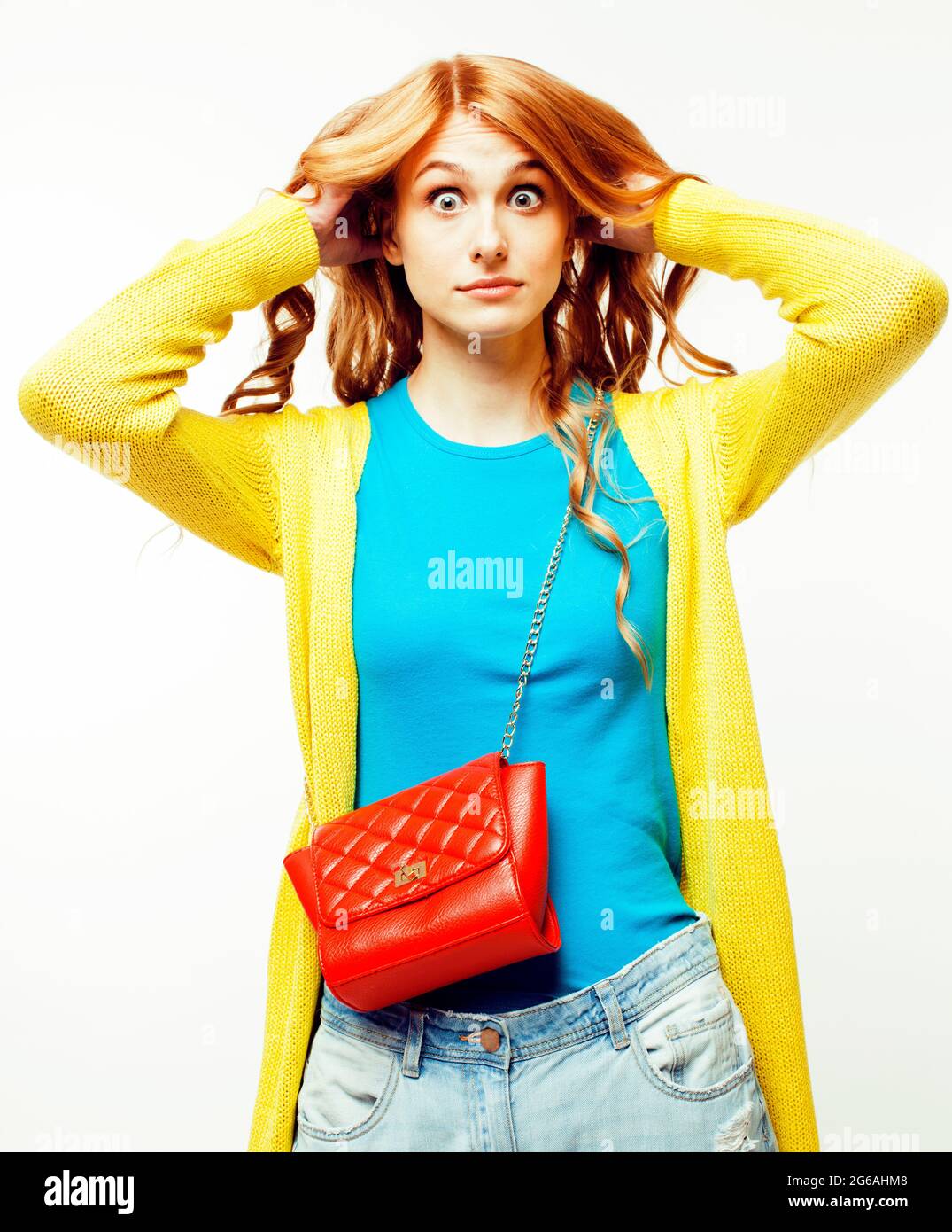 young pretty red hair woman happy smiling isolated on white background ...