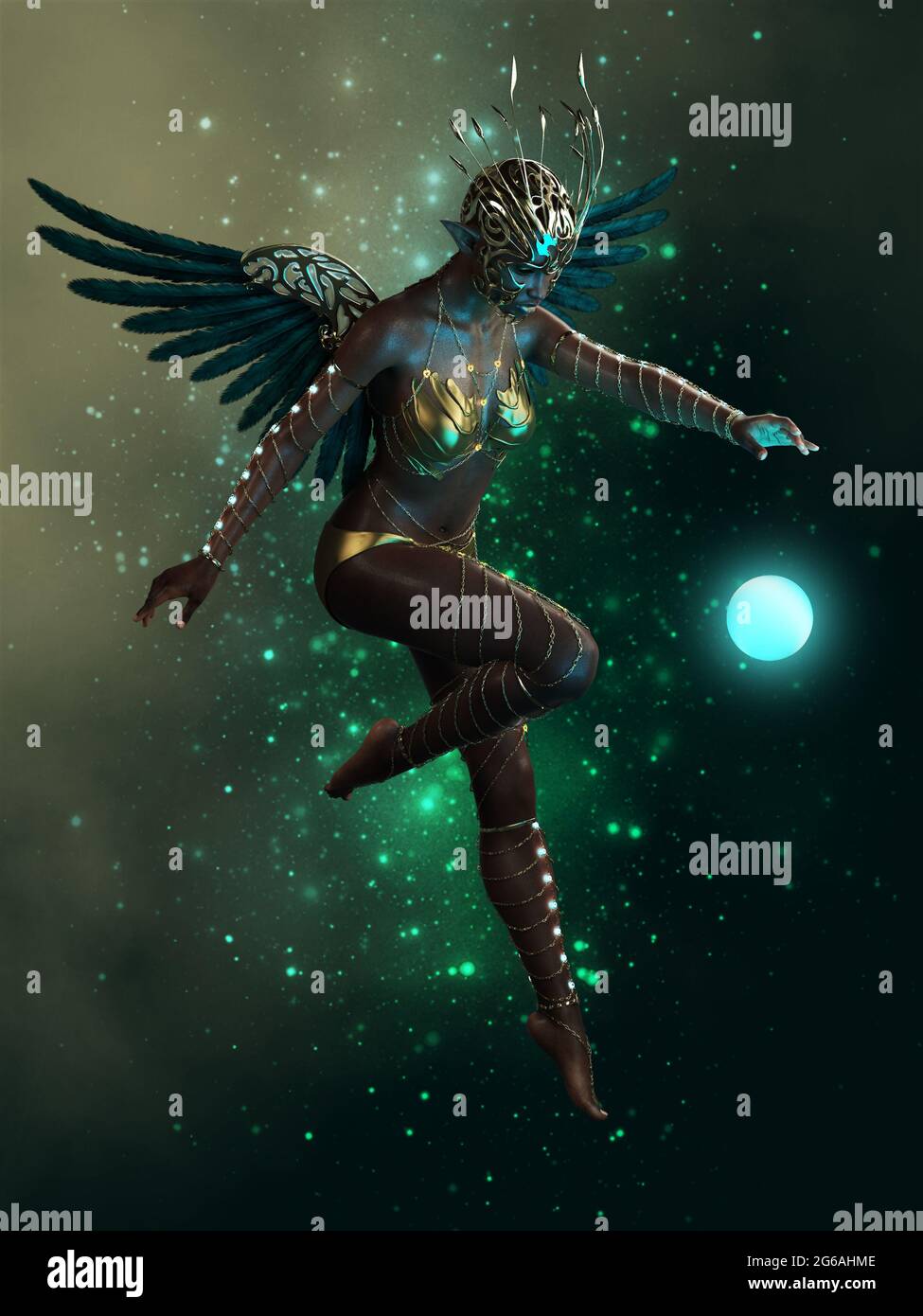 3D computer graphics of a fairy with wings, golden headdress and golden ...