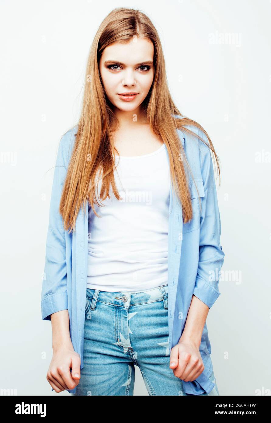 young pretty stylish hipster blond girl posing emotional isolated on ...