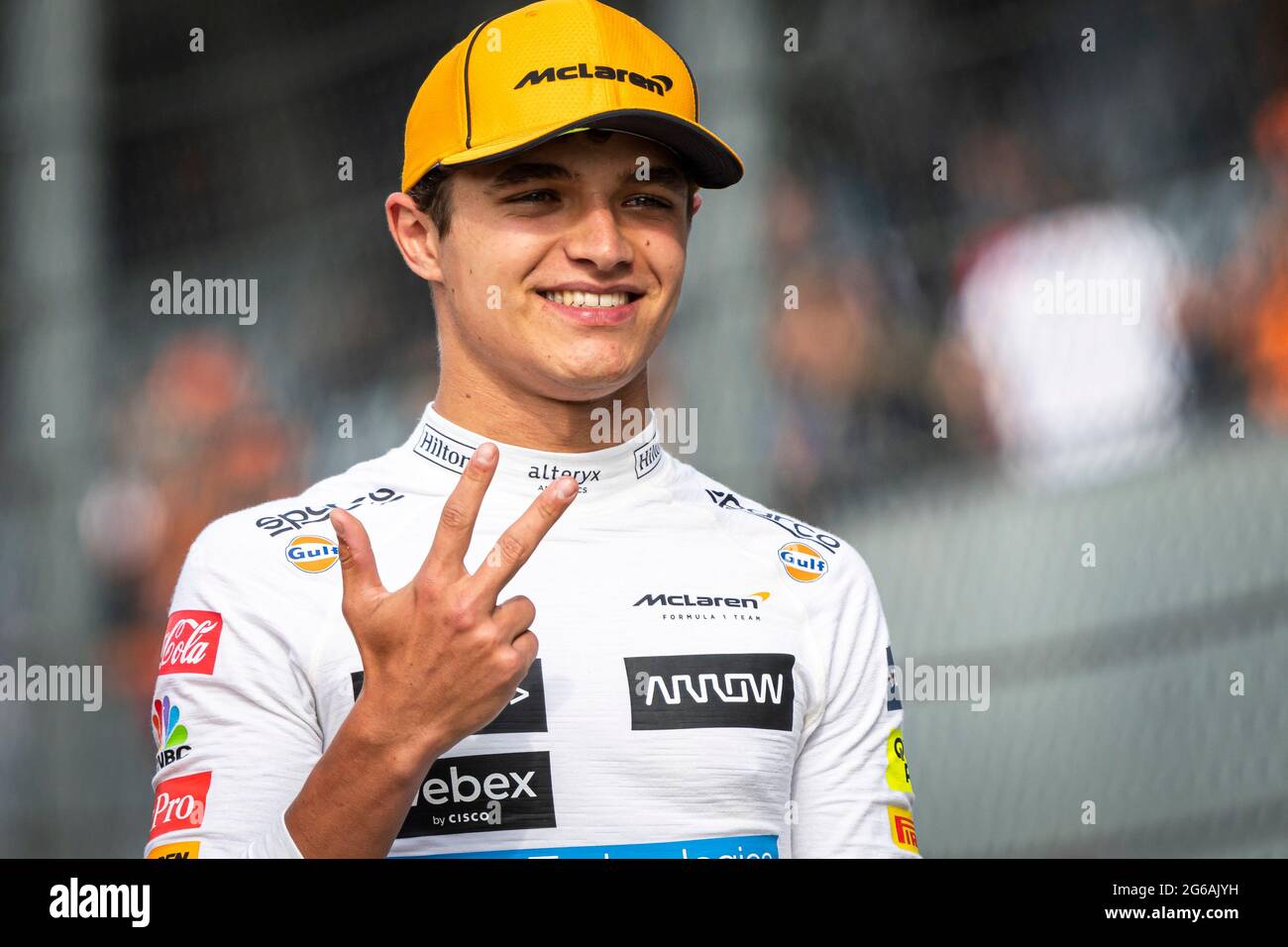 McLaren F1 Team’s British driver Lando Norris gestures third place ...