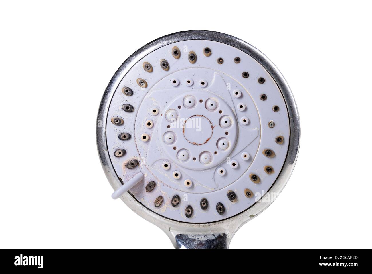 Old dirty shower head. Strong dirt in the home bathroom. Light ...