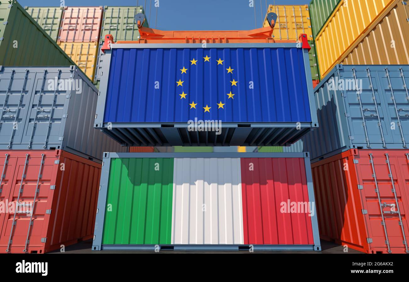 Container Terminal. Two cargo Container with Italy and European Union ...