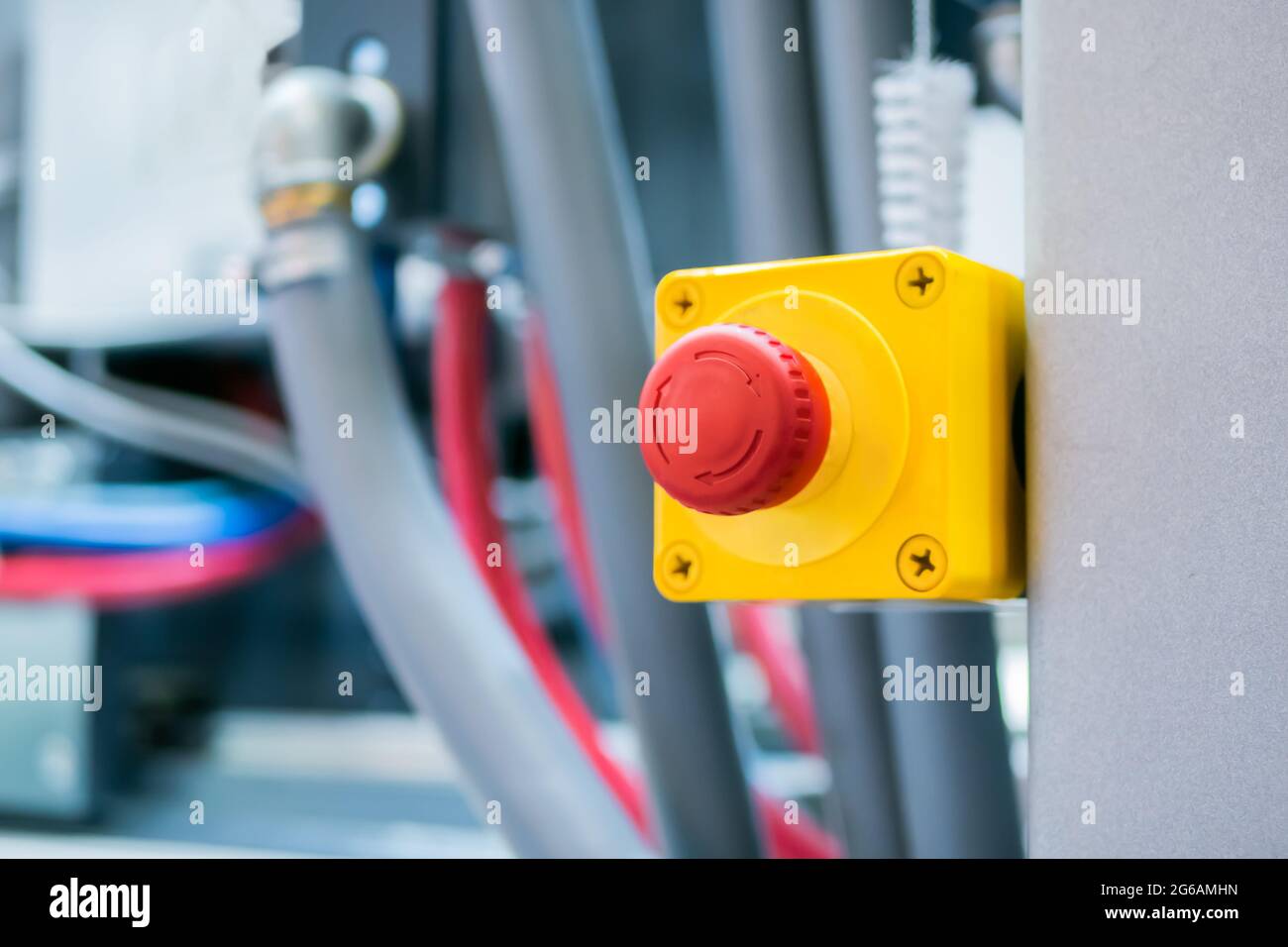 Machine control panel with red switch button - emergency stop at ...