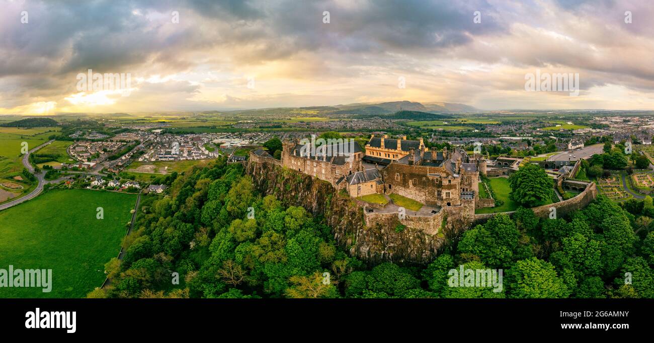 Dramatic drone aerial view of the Stirling Castle during the sunset ...