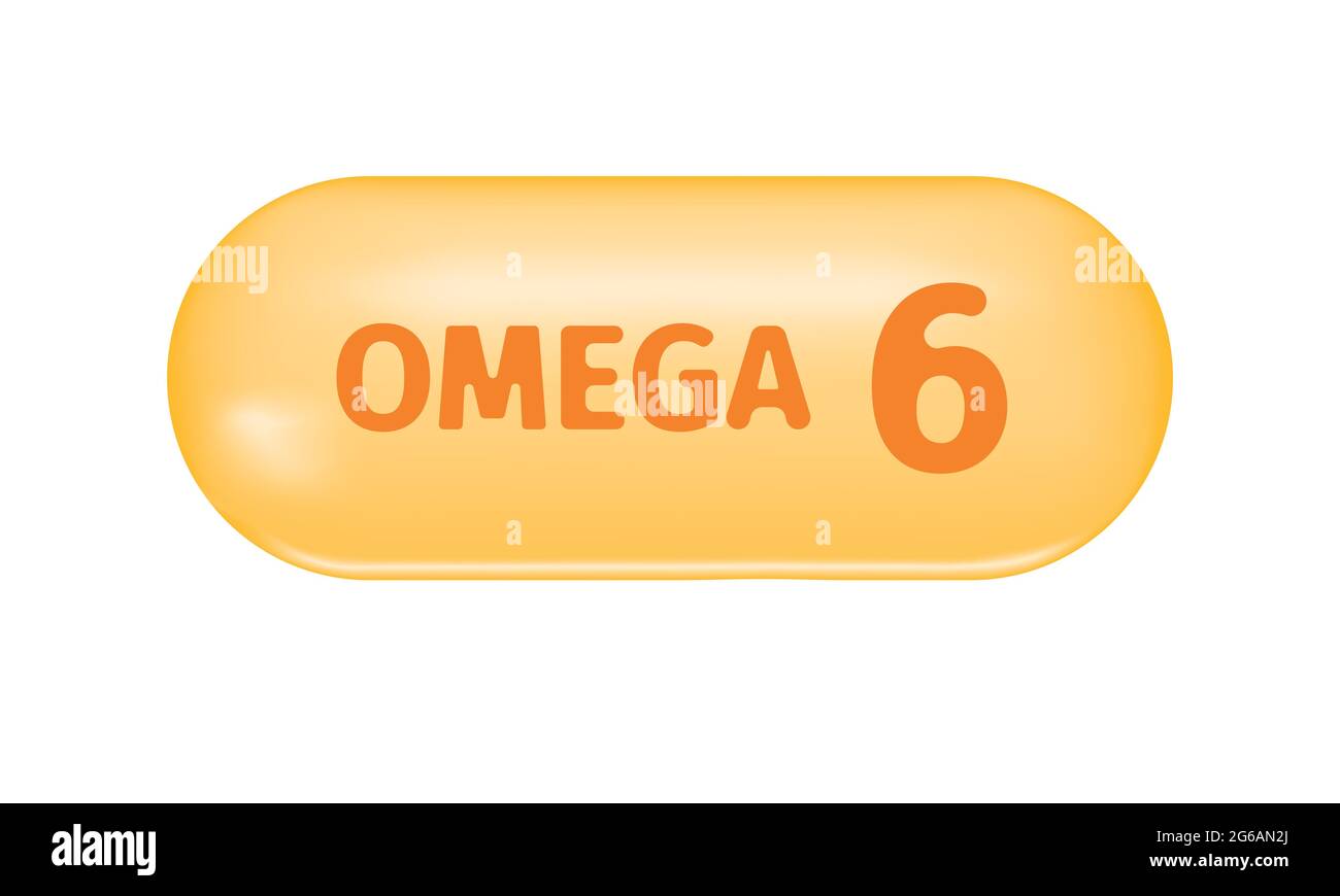 Golden glossy capsule with text Omega 6. Pill of fish oil ...