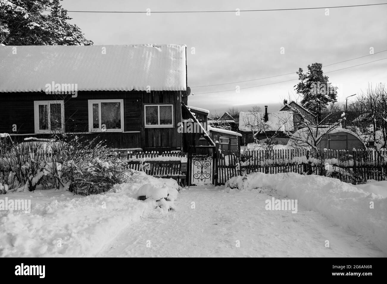 Winter rural landscape, nord of Russia. Black and white photo Stock ...