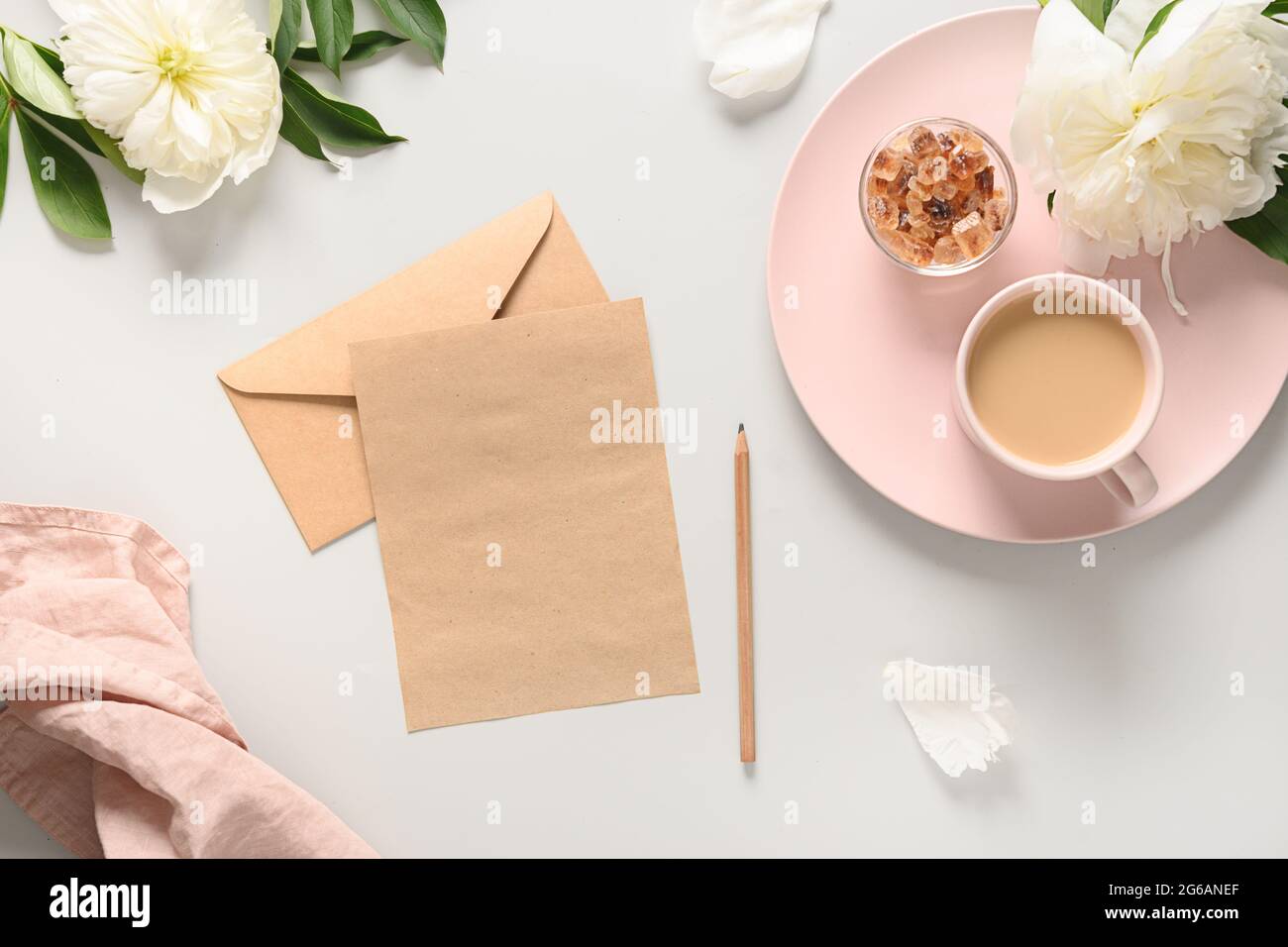 Summer romantic breakfast with coffee cup and white peonies flowers on ...