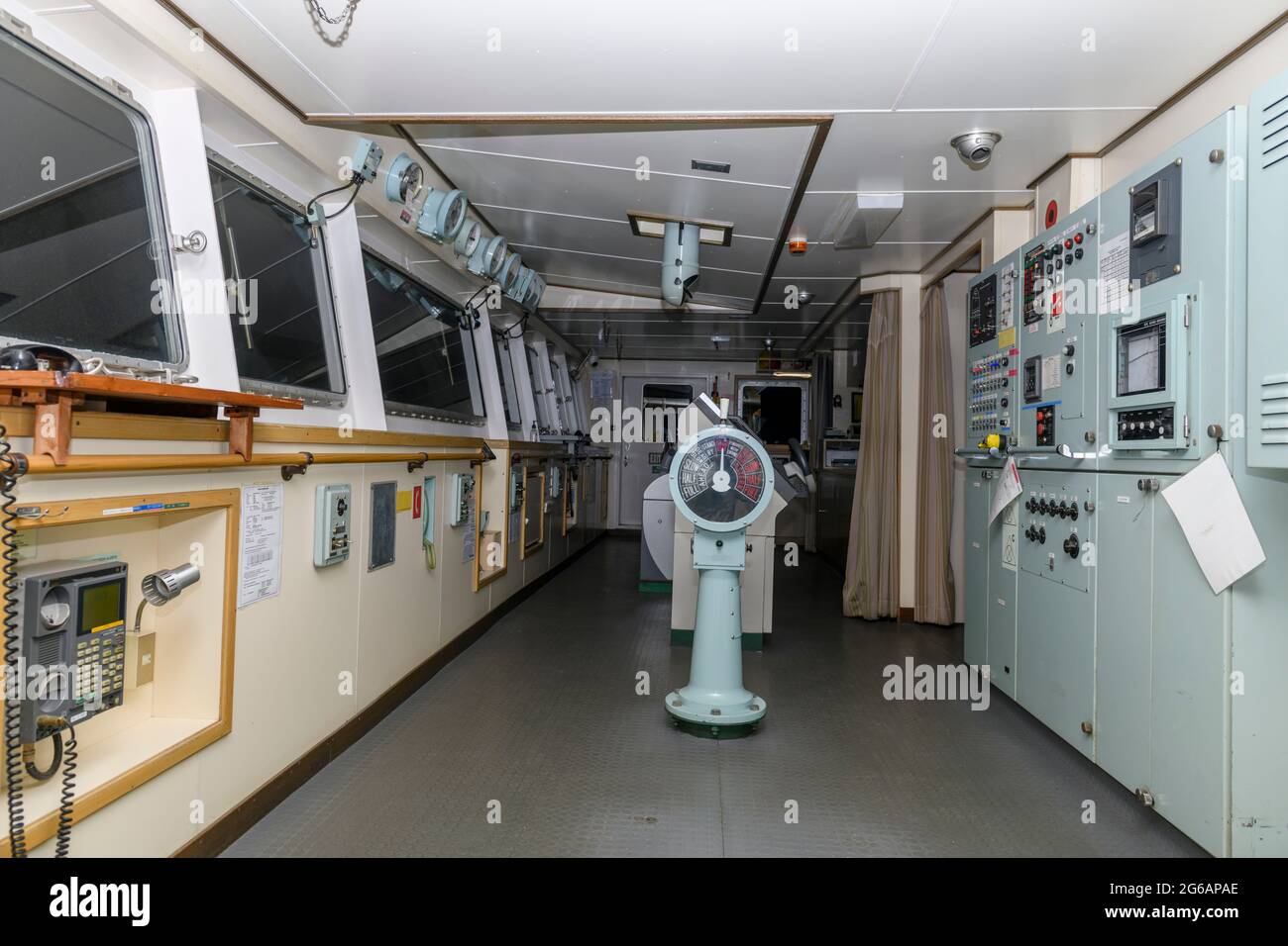 Navigational bridge on big cargo ship. Wheelhouse on vessel Stock Photo ...