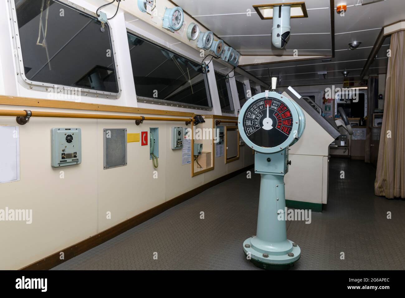 Navigational bridge on big cargo ship. Wheelhouse on vessel Stock Photo ...