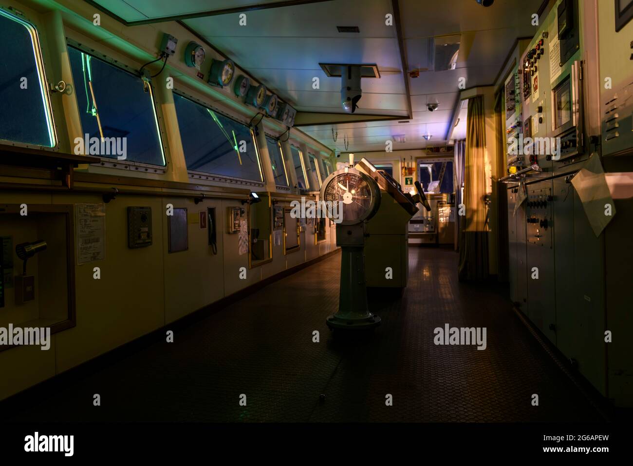 Navigational bridge on big cargo ship. Wheelhouse on vessel Stock Photo ...