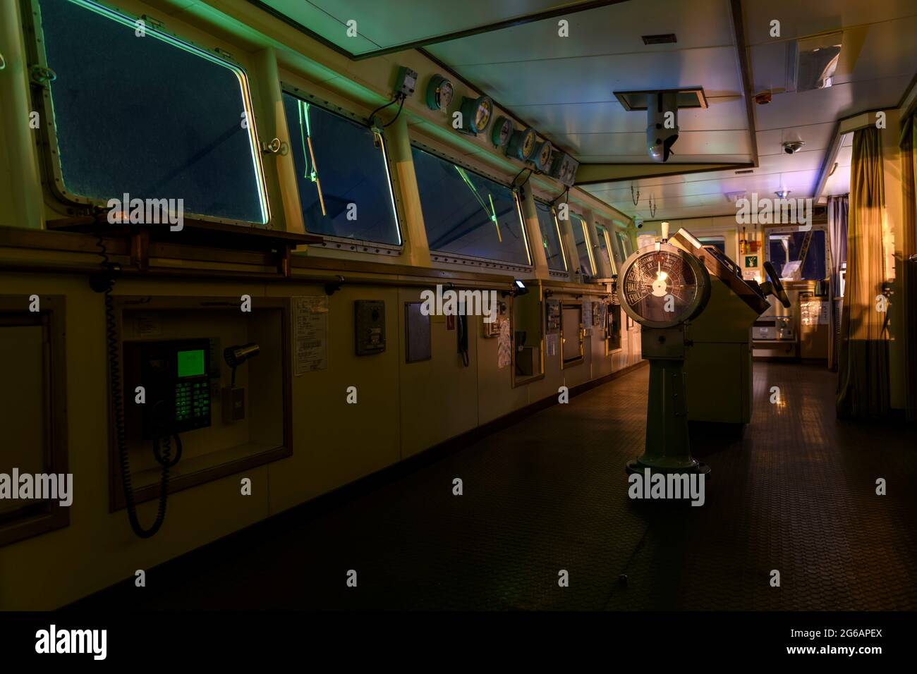 Navigational bridge on big cargo ship. Wheelhouse on vessel Stock Photo ...