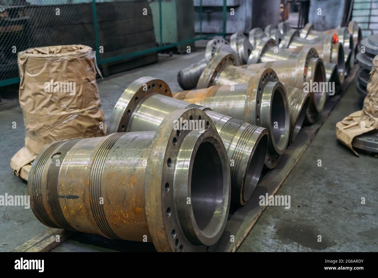 Steel products in metal processing plant or factory close up, metalwork ...